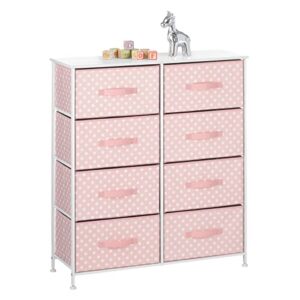 mdesign 38.31" high steel frame/wood top storage dresser furniture, 8 fabric drawers, large bureau organizer for baby, kid, teen bedroom, nursery, playroom, dorm, pink/white polka dot