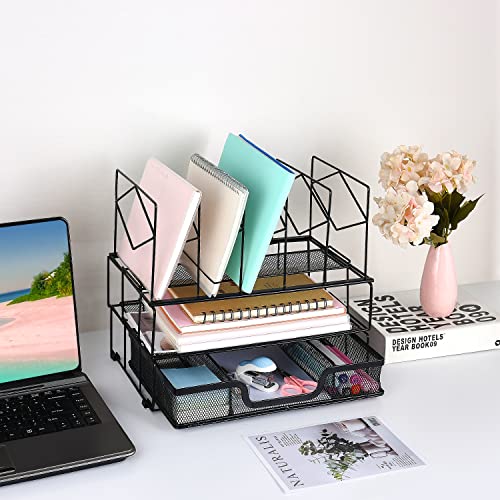 gianotter Desk Organizers and Accessories, Office Supplies Desk Organizer with Sliding Drawer, Double Tray and 5 Upright Sections (Black)