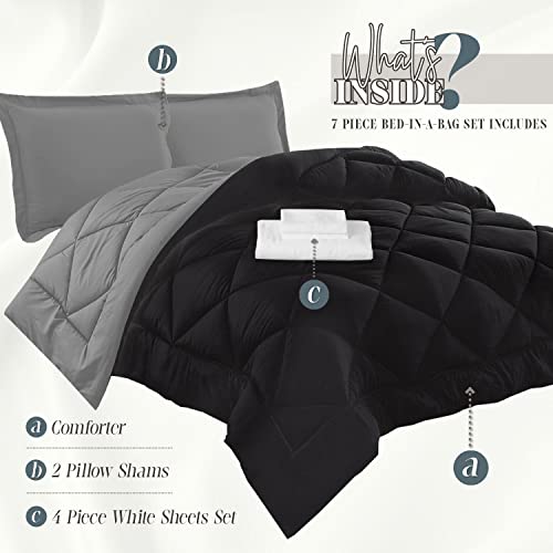 Elegant Comfort 7-Piece Bed-in-a-Bag Comforter & Sheet Set- Luxury 1500 Thread Count 7-Piece Full Size Bed-in-a-Bag, Super Cozy Bed Sheets and Comforter Set, Wrinkle and Stain Resistant, Black/Gray