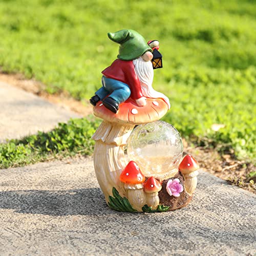 Ovewios Garden Gnome Statue, Garden Statues Gnome Climb on Mushroom with Globe Solar Light, Lawn Ornaments Outdoor Decor for Patio Yard Porch Gifts