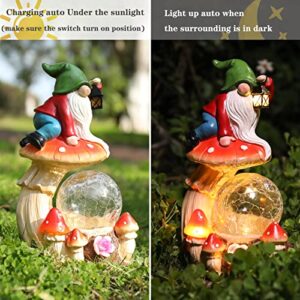 Ovewios Garden Gnome Statue, Garden Statues Gnome Climb on Mushroom with Globe Solar Light, Lawn Ornaments Outdoor Decor for Patio Yard Porch Gifts