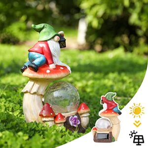 Ovewios Garden Gnome Statue, Garden Statues Gnome Climb on Mushroom with Globe Solar Light, Lawn Ornaments Outdoor Decor for Patio Yard Porch Gifts