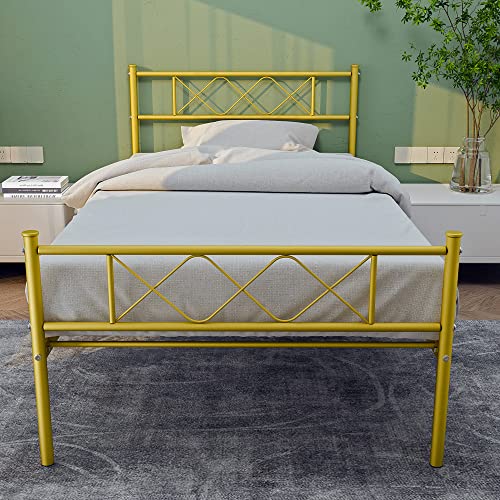 Weehom Twin Size Metal Bed Frame Mattress Foundation/Platform Bed Heavy Duty Steel Slat Best for Kids Adults Student Gold