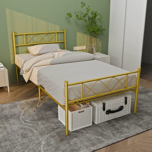 Weehom Twin Size Metal Bed Frame Mattress Foundation/Platform Bed Heavy Duty Steel Slat Best for Kids Adults Student Gold