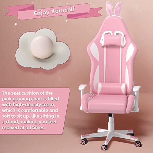 MUZII Pink Gaming Chair, Video Game Chairs, Racing Office Gaming Chairs for Adults Girls, PU Leather Computer Chair, PC Gamer Chair with Headrest and Lumbar Support