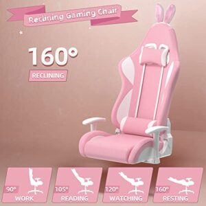 MUZII Pink Gaming Chair, Video Game Chairs, Racing Office Gaming Chairs for Adults Girls, PU Leather Computer Chair, PC Gamer Chair with Headrest and Lumbar Support