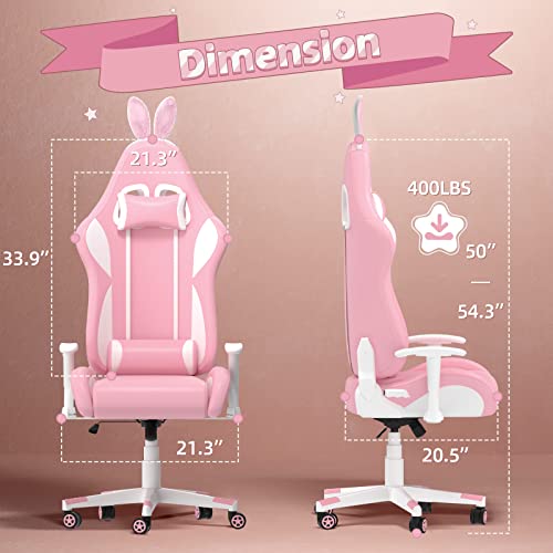 MUZII Pink Gaming Chair, Video Game Chairs, Racing Office Gaming Chairs for Adults Girls, PU Leather Computer Chair, PC Gamer Chair with Headrest and Lumbar Support