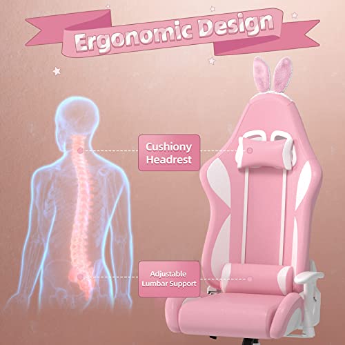 MUZII Pink Gaming Chair, Video Game Chairs, Racing Office Gaming Chairs for Adults Girls, PU Leather Computer Chair, PC Gamer Chair with Headrest and Lumbar Support