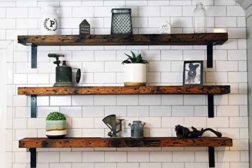 Modern Timber Craft Reclaimed Wood Wall Shelves | 2" Thickness | 42" L x 6" D | Easy-to-Install | Steel Angle Shelf Brackets Included | Rustic Decoration