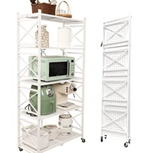 villertech Folding Shelf 5 Tier,Folding Bookshelf,Foldable Shelf,Metal Folding Storage Shelves with Wheels,Sturdy,No Assembly Folding Shelf Unit for Kitchen,Living Room,Study,Greenhouse(White)