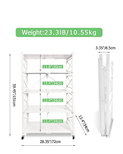 villertech Folding Shelf 5 Tier,Folding Bookshelf,Foldable Shelf,Metal Folding Storage Shelves with Wheels,Sturdy,No Assembly Folding Shelf Unit for Kitchen,Living Room,Study,Greenhouse(White)