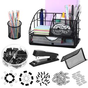 aofuxti office supplies desk organizer - desk organizers and accessories, office supplies set with pen holder, stapler and 72 clips set for office, home, school, black