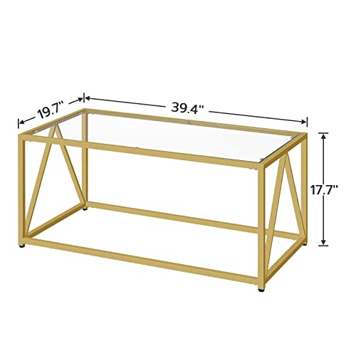 HOOBRO Glass Coffee Table, Gold Coffee Tables for Living Room, 1 Layer Center Table, Open Storage Shelf, Modern, for Apartment, Office, 39.4 x 19.7 x 17.7 Inches, Easy Assembly, Golden GD04KF01