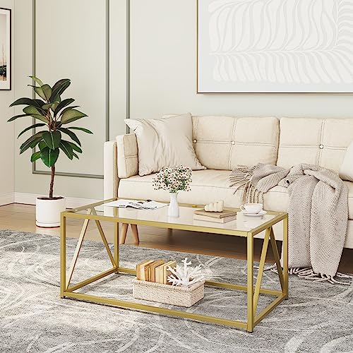 HOOBRO Glass Coffee Table, Gold Coffee Tables for Living Room, 1 Layer Center Table, Open Storage Shelf, Modern, for Apartment, Office, 39.4 x 19.7 x 17.7 Inches, Easy Assembly, Golden GD04KF01