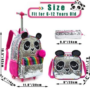 Meetbelify Girls Rolling Backpack Wheels Backpacks for Kids Luggage Wheeled Sequin Sparkly Trolley Trip Suitcase for Elementary Preschool Girls Panda Travel Backpack with Lunch Box for Picnic