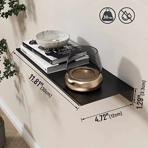 Black Floating Shelves for Wall Storage, Metal Wall Shelves for Living Room, Bathroom, Kitchen, 12” Small Display Shelves for Collectibles(2 PCS)