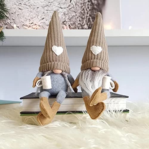 JstDoit 2 Pcs Coffee Gnomes Plush Bar Decor, Handmade Swedish Tomte Gnomes Gifts Farmhouse Scandinavian Figurine Gnome for Home Kitchen Coffee Station Table Shelf Decor (Brown)