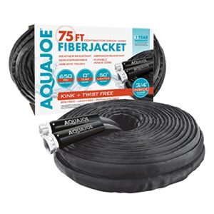 aqua joe ajfjh75-34-ctr-blk kink-free contractor grade fiberjacket garden hose, 3/4-in max. water flow, 650-psi burst rating, bpa/phthalate, drinking safe, for garden, auto care, 75ft, black