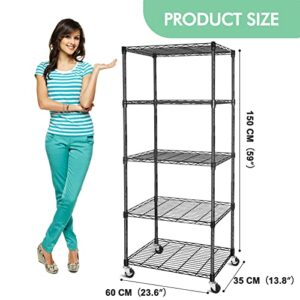 Pusalxl NSF Certified Storage Shelves Heavy Duty Steel Wire Shelving Unit with Wheels and Adjustable Feet Used as Pantry Shelf Garage or Kitchen Shelving - (13.8"x23.6"x59" 5-Tier)