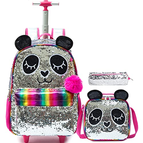 ZBAOGTW Panda Rolling Backpack for Girls Kids 3pcs Wheeled School Backpack with Lunch Box Trolley Trip Luggage for Elementary