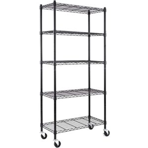 hlyluoyi 5-shelf adjustable, heavy duty wire shelving unit on wheel casters, metal garage storage shelves, nsf kitchen shelf organizer rack, free standing utility shelf, black (13.8l x 23.6w x 61.6h)