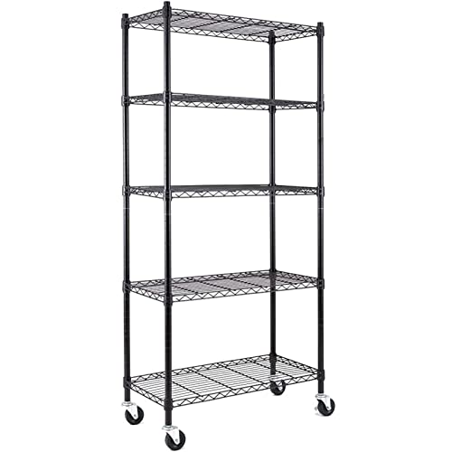 Hlyluoyi 5-Shelf Adjustable, Heavy Duty Wire Shelving Unit on Wheel Casters, Metal Garage Storage Shelves, NSF Kitchen Shelf Organizer Rack, Free Standing Utility Shelf, Black (13.8L x 23.6W x 61.6H)