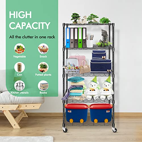 Hlyluoyi 5-Shelf Adjustable, Heavy Duty Wire Shelving Unit on Wheel Casters, Metal Garage Storage Shelves, NSF Kitchen Shelf Organizer Rack, Free Standing Utility Shelf, Black (13.8L x 23.6W x 61.6H)