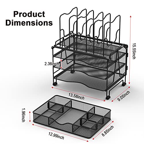 BOHDK Mesh Desk Organizer, 3-in-1 Desktop Organizer with 3 Tier Tray and 5 Upright Sections, File Organizer for Desk with Sliding Drawer, Black