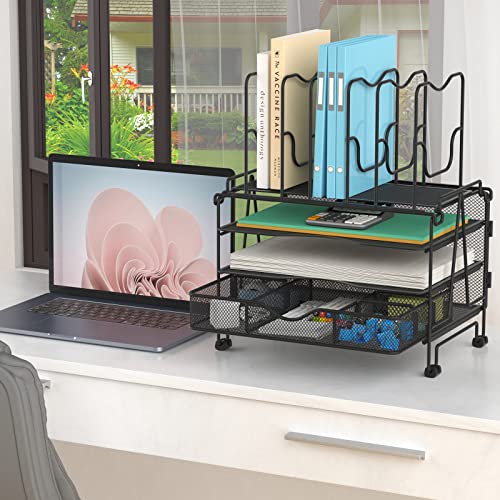 BOHDK Mesh Desk Organizer, 3-in-1 Desktop Organizer with 3 Tier Tray and 5 Upright Sections, File Organizer for Desk with Sliding Drawer, Black