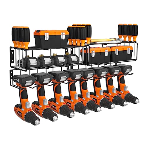 VZINO 2 Sets Power Tool Organizer for Tool Storage, Drill Holder Wall Mount with Screwdriver Holder, Heavy Duty Garage Tool Organizers and Storage, Utility Tool Shelf Rack for Grinder, Tool Box