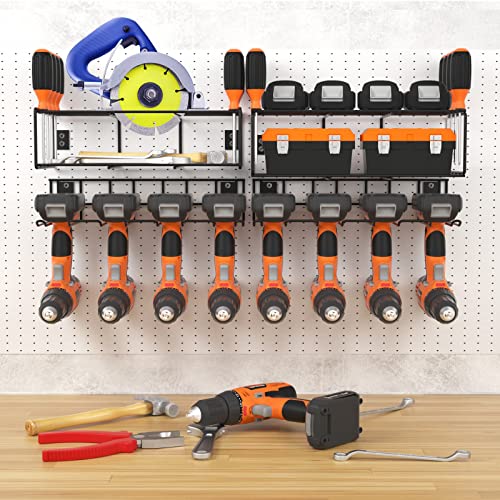 VZINO 2 Sets Power Tool Organizer for Tool Storage, Drill Holder Wall Mount with Screwdriver Holder, Heavy Duty Garage Tool Organizers and Storage, Utility Tool Shelf Rack for Grinder, Tool Box