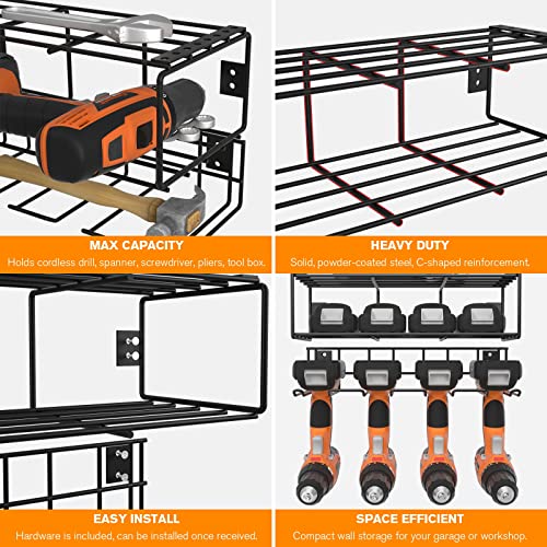 VZINO 2 Sets Power Tool Organizer for Tool Storage, Drill Holder Wall Mount with Screwdriver Holder, Heavy Duty Garage Tool Organizers and Storage, Utility Tool Shelf Rack for Grinder, Tool Box