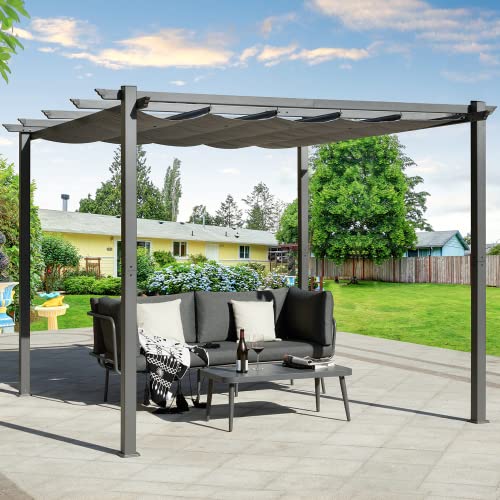 EROMMY 10' x 10' Outdoor Pergola with Retractable Canopy, Aluminum Frame, Patio Metal Shelter with Sun and Rain-Proof Canopy for Patio, Garden, Deck