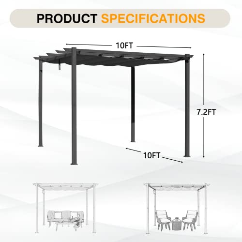 EROMMY 10' x 10' Outdoor Pergola with Retractable Canopy, Aluminum Frame, Patio Metal Shelter with Sun and Rain-Proof Canopy for Patio, Garden, Deck