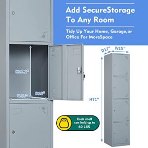 Yizosh Metal Locker for Gym, School, Office, 71" Metal Storage Locker Cabinets for Employees, Students Steel Lockers Four Tier with 4 Doors (Grey)