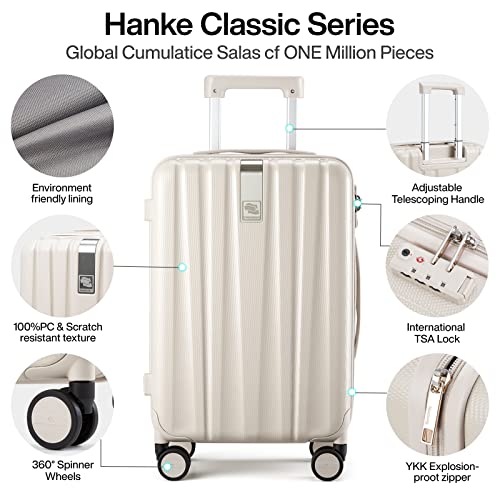 Hanke 20 Inch Carry On Luggage Airline Approved, Lightweight PC Hardside Suitcase with Spinner Wheels & TSA Lock,Rolling luggage bags for Weekender,Carry-On 20-Inch(Ivory White)