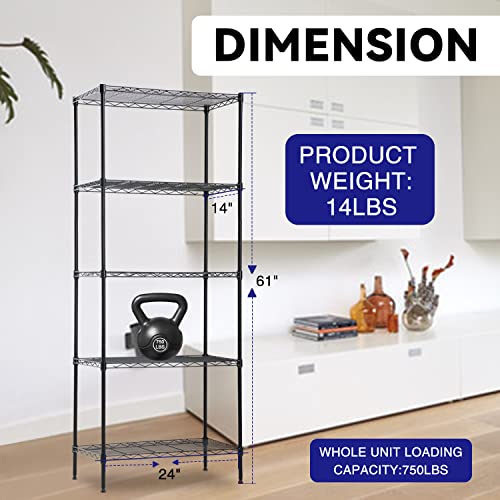 NChanmar 5-Tier Wire Shelving Unit Storage Shelves Metal Shelves 61"x24"x14" Metal Shelving Unit Heavy Duty Wire Rack Shelving NSF for Home Kitchen Bathroom Garage(Black)