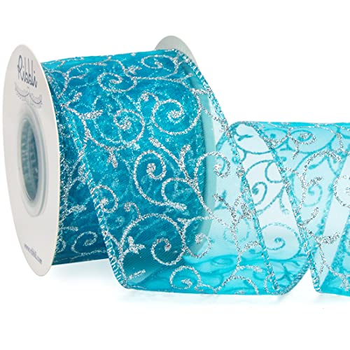 Ribbli Swirl Glitter Wired Ribbon, Turquoise Blue Organza Sheer Ribbon with Sliver Glitter Swirl Pattern and Iridescent Metallic Edge,2-1/2 Inch x 10Yards Christmas Ribbon for Tree Decoration