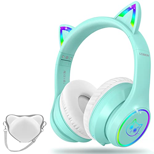 LOBKIN Bluetooth 5.3 Kids Headphones with Case - RGB LED Light Up Cat Ears Foldable Adjustable On-Ear Headset Support Wireless or 3.5mm Wired Mode for Toddler & Girls & Boys Teens (Green)