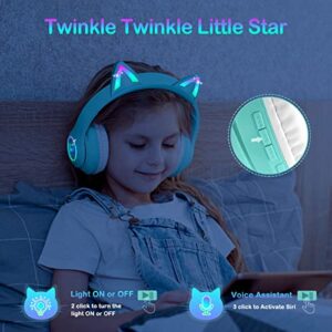 LOBKIN Bluetooth 5.3 Kids Headphones with Case - RGB LED Light Up Cat Ears Foldable Adjustable On-Ear Headset Support Wireless or 3.5mm Wired Mode for Toddler & Girls & Boys Teens (Green)