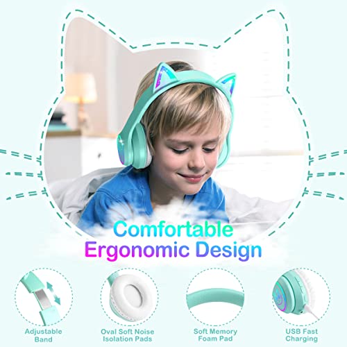 LOBKIN Bluetooth 5.3 Kids Headphones with Case - RGB LED Light Up Cat Ears Foldable Adjustable On-Ear Headset Support Wireless or 3.5mm Wired Mode for Toddler & Girls & Boys Teens (Green)