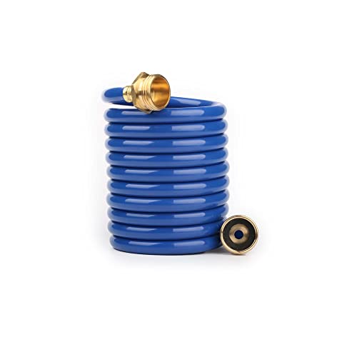 FUNJEE Lightweight EVA Coil 10 FT Garden Hose with GHT Solid Brass Fittings, Water Hose with Brass Connectors (10FT, Blue)