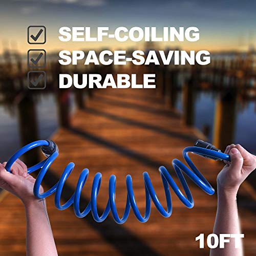 FUNJEE Lightweight EVA Coil 10 FT Garden Hose with GHT Solid Brass Fittings, Water Hose with Brass Connectors (10FT, Blue)