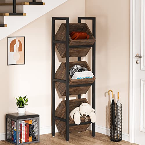 Tribesigns Basket Stand, 3 Tier Wood Shelving Unit with Baskets, Rustic Vertical Standing Basket Storage Tower for Kitchen Bathroom Living Room