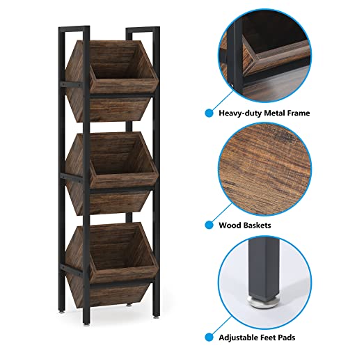 Tribesigns Basket Stand, 3 Tier Wood Shelving Unit with Baskets, Rustic Vertical Standing Basket Storage Tower for Kitchen Bathroom Living Room