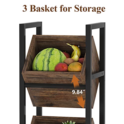 Tribesigns Basket Stand, 3 Tier Wood Shelving Unit with Baskets, Rustic Vertical Standing Basket Storage Tower for Kitchen Bathroom Living Room