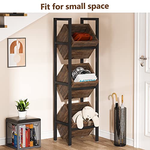 Tribesigns Basket Stand, 3 Tier Wood Shelving Unit with Baskets, Rustic Vertical Standing Basket Storage Tower for Kitchen Bathroom Living Room