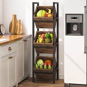 Tribesigns Basket Stand, 3 Tier Wood Shelving Unit with Baskets, Rustic Vertical Standing Basket Storage Tower for Kitchen Bathroom Living Room