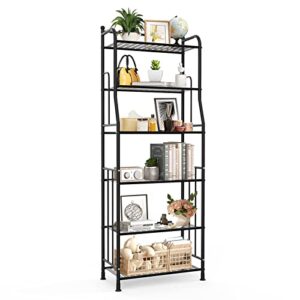 6 tier kitchen shelf organizer bakers rack with storage, upgrade metal standing shelf bookshelf shelving unit, heavy duty pantry shelves for outdoor indoor bathroom laundry garage living room(black)…