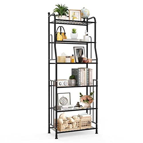 6 Tier Kitchen Shelf Organizer Bakers Rack with Storage, Upgrade Metal Standing Shelf Bookshelf Shelving Unit, Heavy Duty Pantry Shelves for Outdoor Indoor Bathroom Laundry Garage Living Room(Black)…